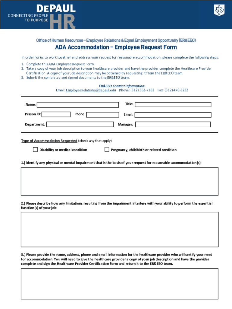Fillable Online offices depaul ADA AccommodationEmployee Request Form ...