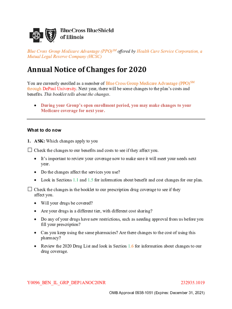 Fillable Online offices depaul Annual Notice of Changes for 2020 - DePaul University, Chicago ...