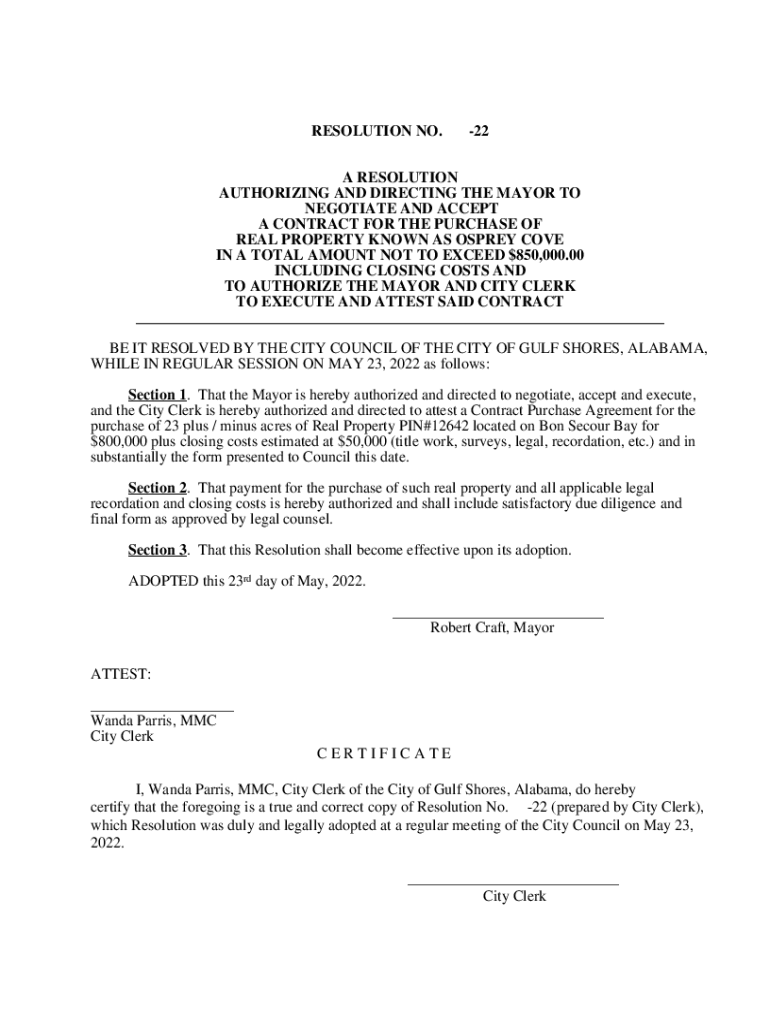Fillable Online RESOLUTION NO. -22 A RESOLUTION AUTHORIZING AND ... Fax ...