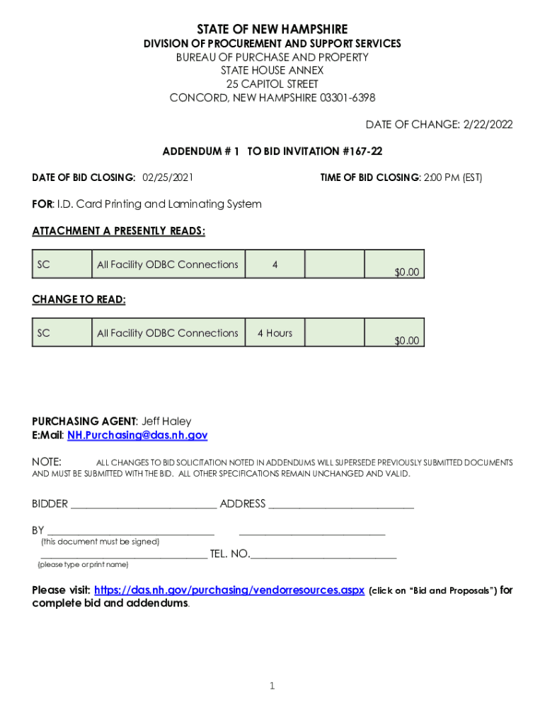 Fillable Online ADDENDUM # 1 TO BID INVITATION #167-22 Fax Email Print ...