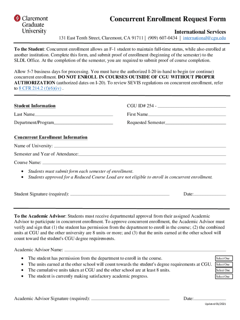 Fillable Online Concurrent Enrollment Request Form - MyCGU Fax Email Print - pdfFiller