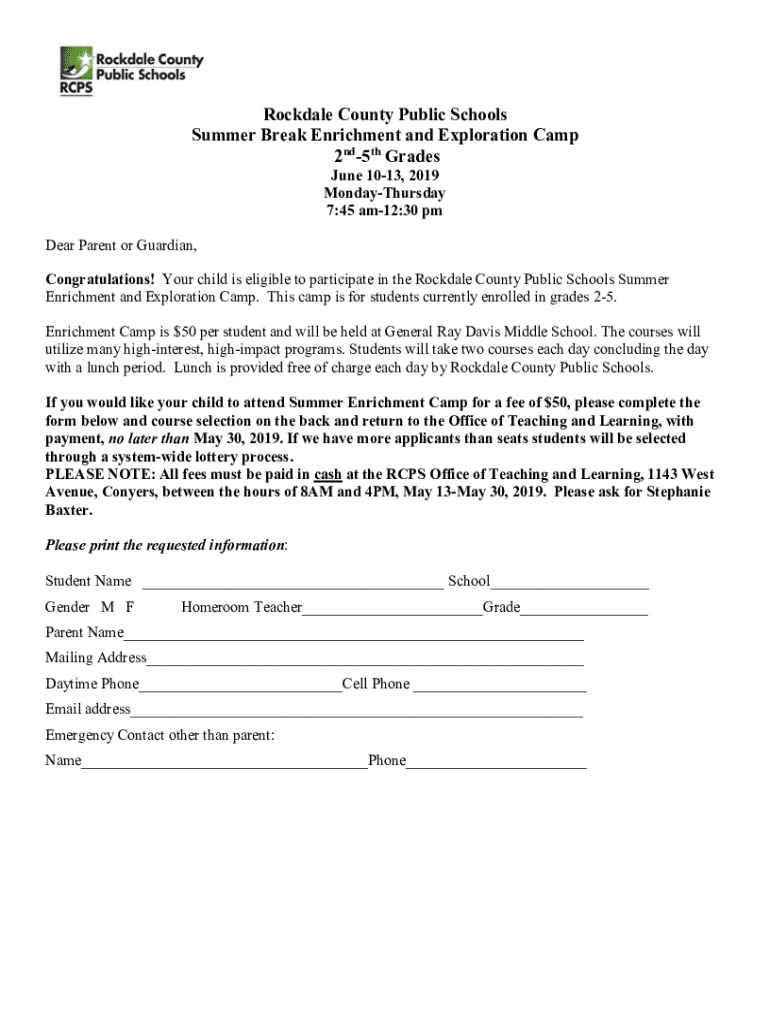 Fillable Online Rockdale County Public Schools Summer Break Enrichment ... Fax Email Print ...