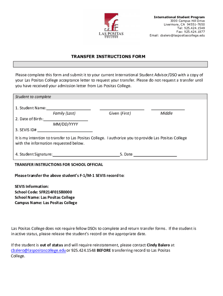 Fillable Online transfer instructions form - Las Positas College Fax ...