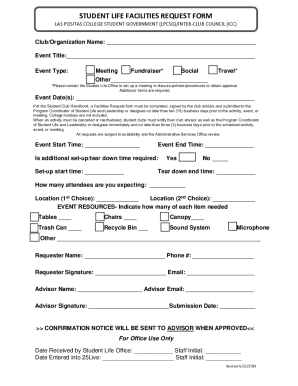 Fillable Online Student Life Office Facilities Request Form - Las ...