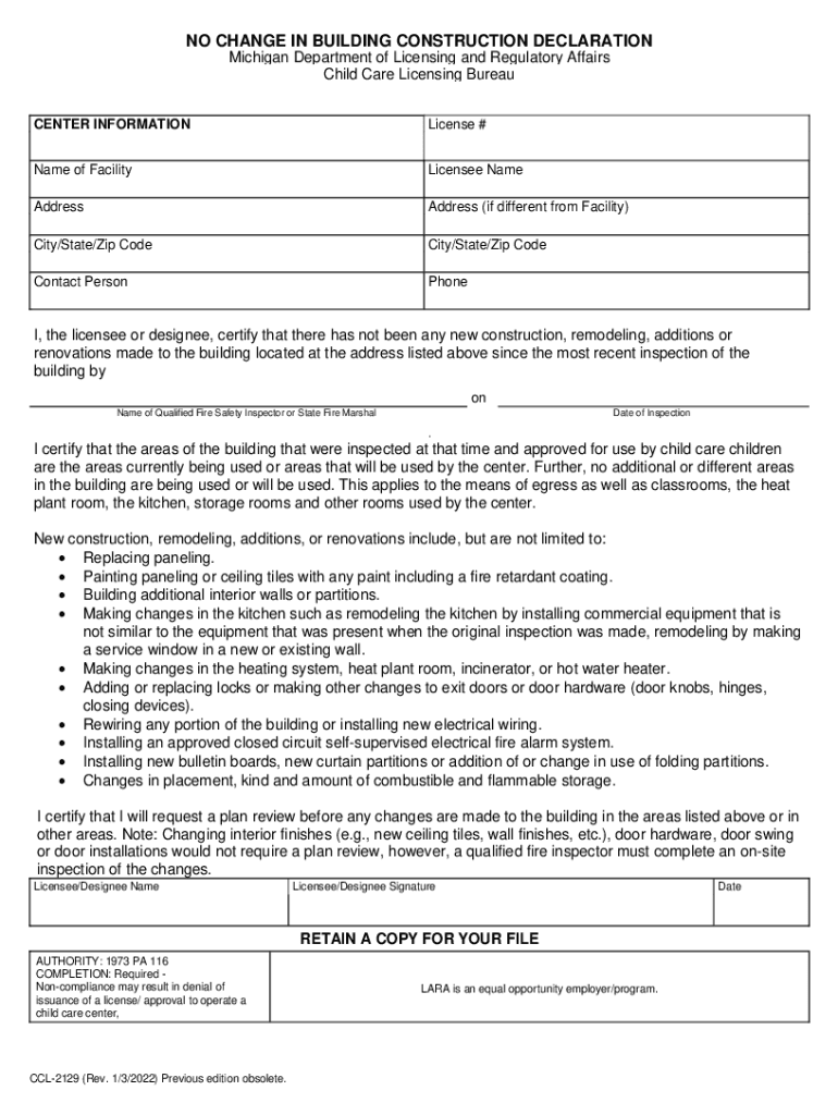 Fillable Online BCAL-2129, No Change in Building Construction ...