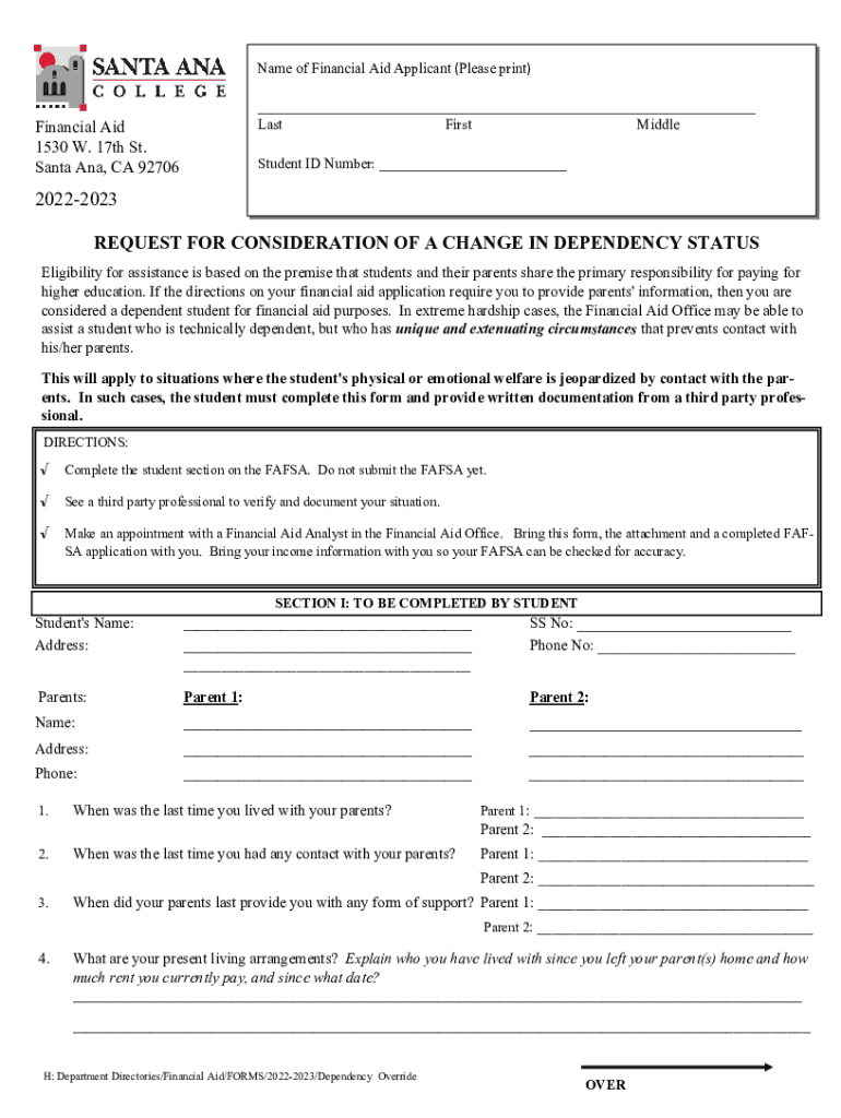 Fillable Online 2022-2023 Dependency Override.pub - Santa Ana College Fax Email Print - pdfFiller