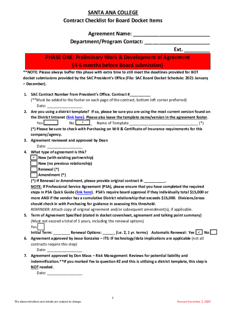 Fillable Online SANTA ANA COLLEGE Contract Checklist for Board Docket Items Agreement ... Fax ...