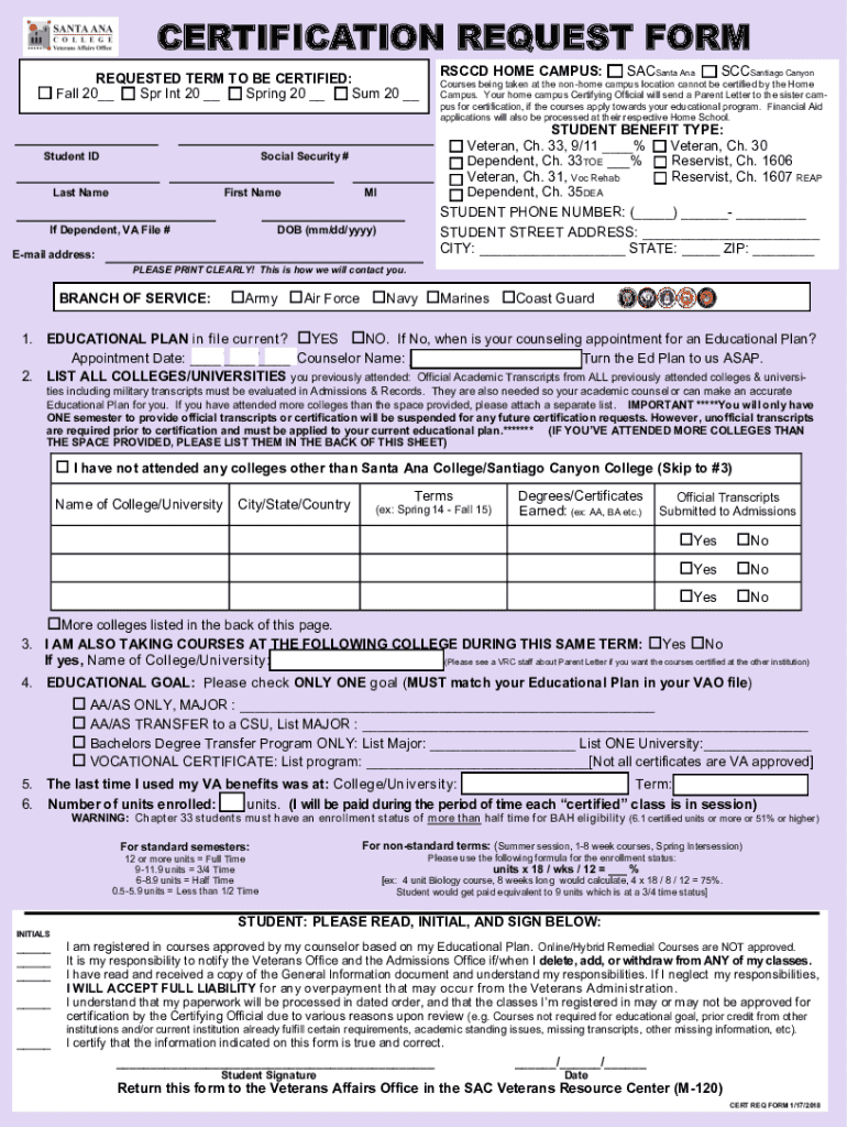 Fillable Online Veterans Education Benefits - Forms Page - Santa Ana College Fax Email Print ...