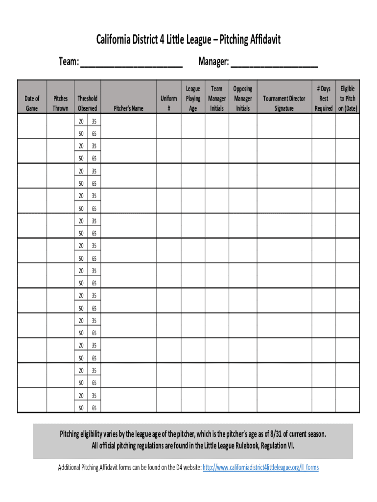 Fillable Online Pitcher Eligibility Tracking Form - Little League Fax ...