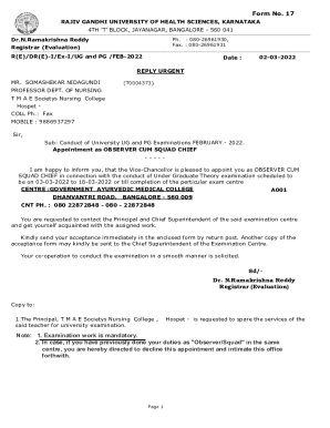 Fillable Online Form No. 17 Note: 1. Examination work is mandatory. 2 ...