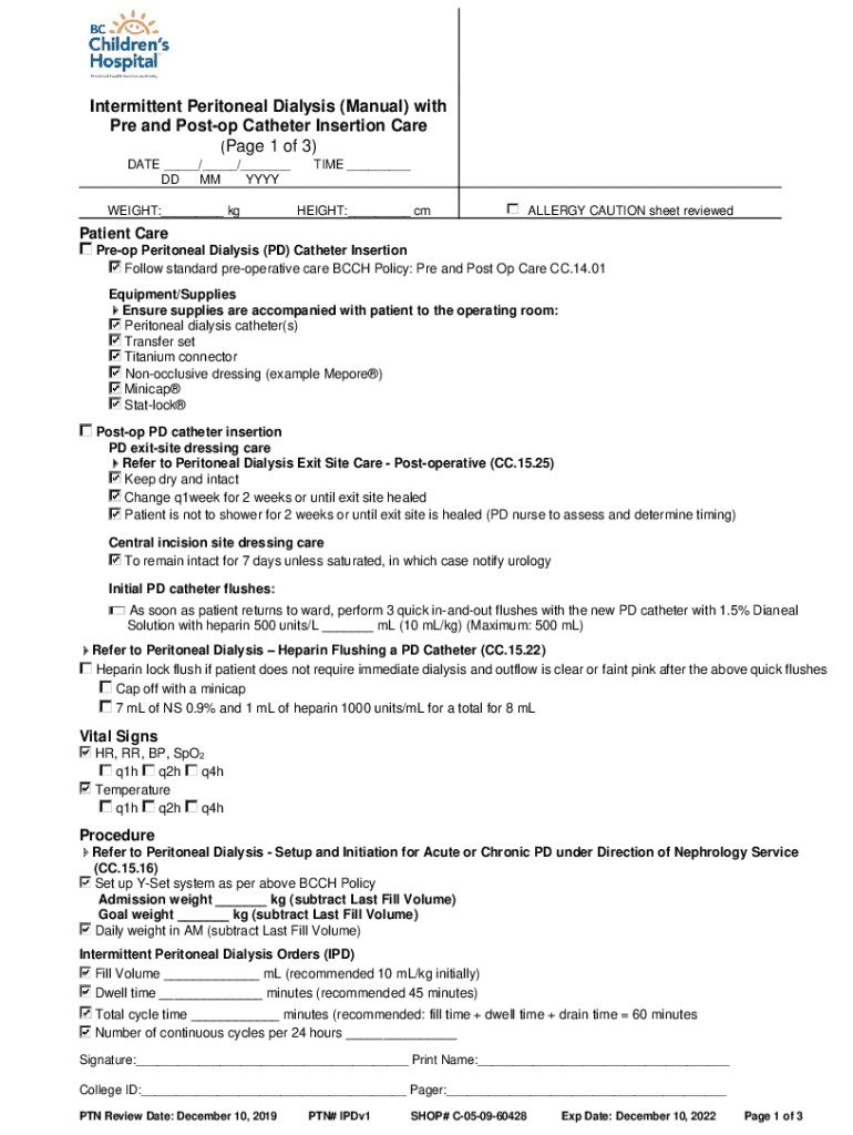 Fillable Online policyandorders cw bc Intermittent Peritoneal Dialysis (Manual) with Pre and ...