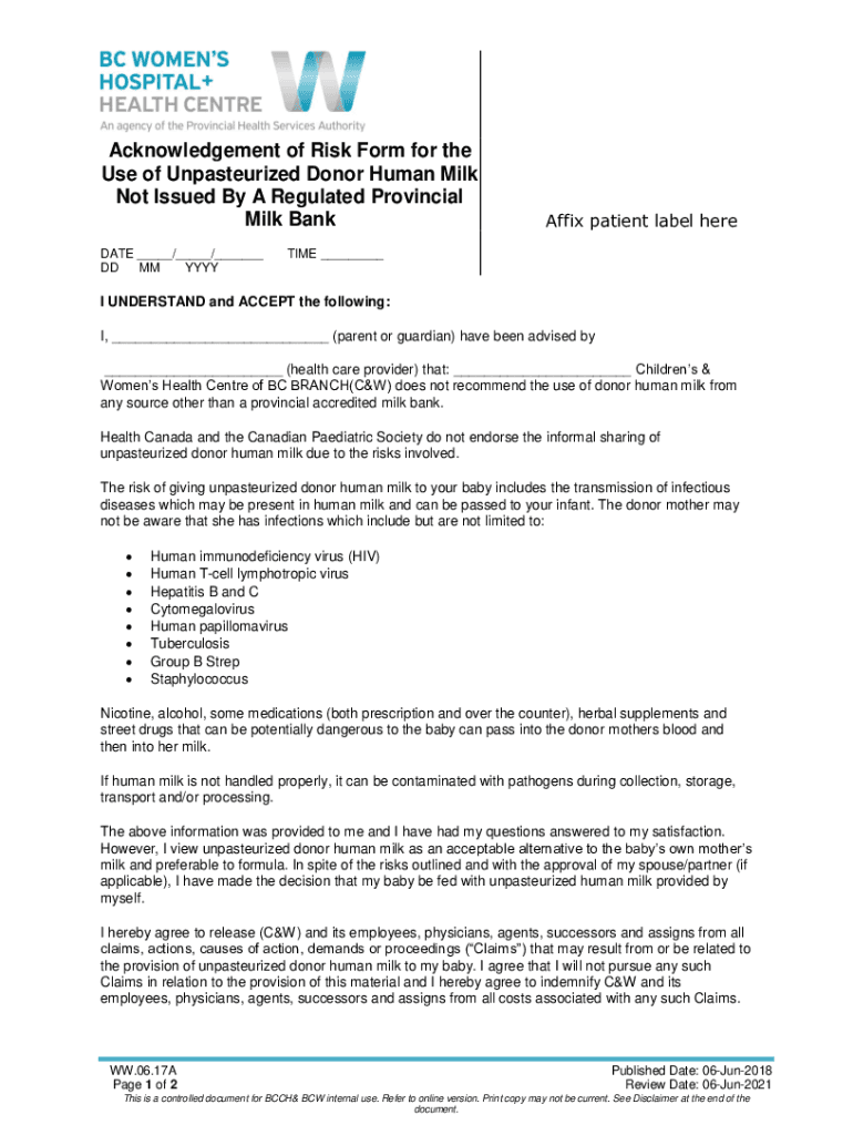 Fillable Online policyandorders cw bc Acknowledgement of Risk Form for ...