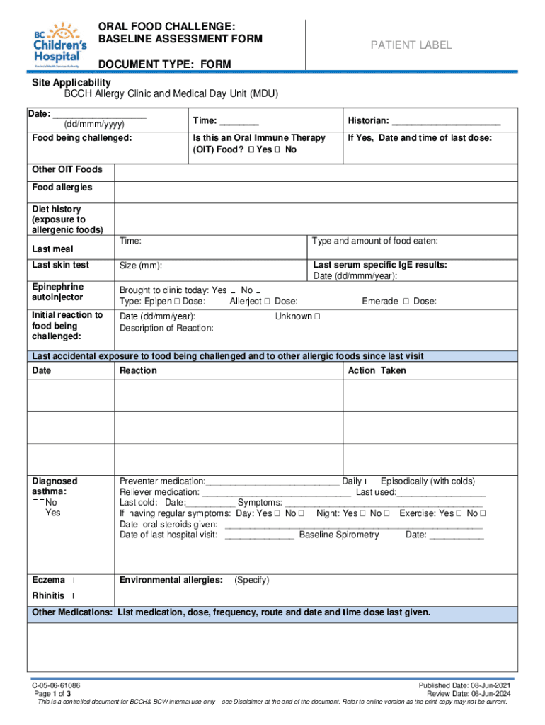 Fillable Online policyandorders cw bc oral food challenge: baseline ...