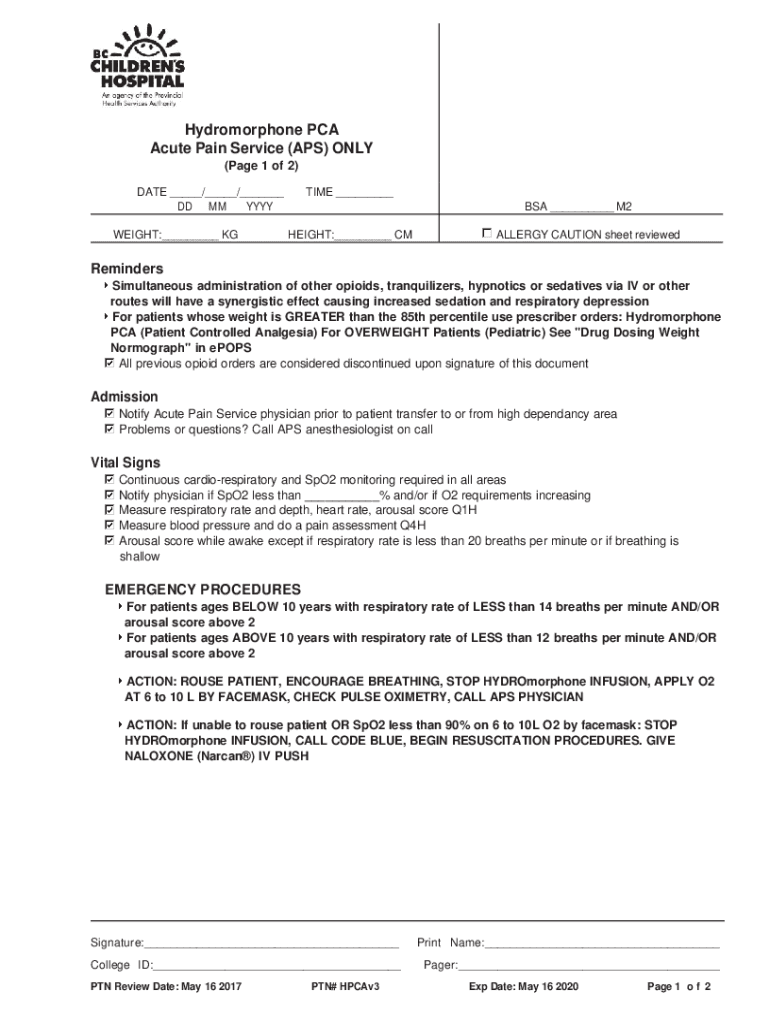Fillable Online policyandorders cw bc Patient-Controlled Analgesia (PCA ...