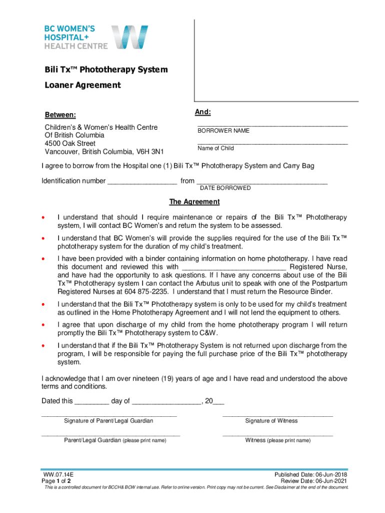Fillable Online policyandorders cw bc PhototherapyHomeLoanerTermsWW.07. ...