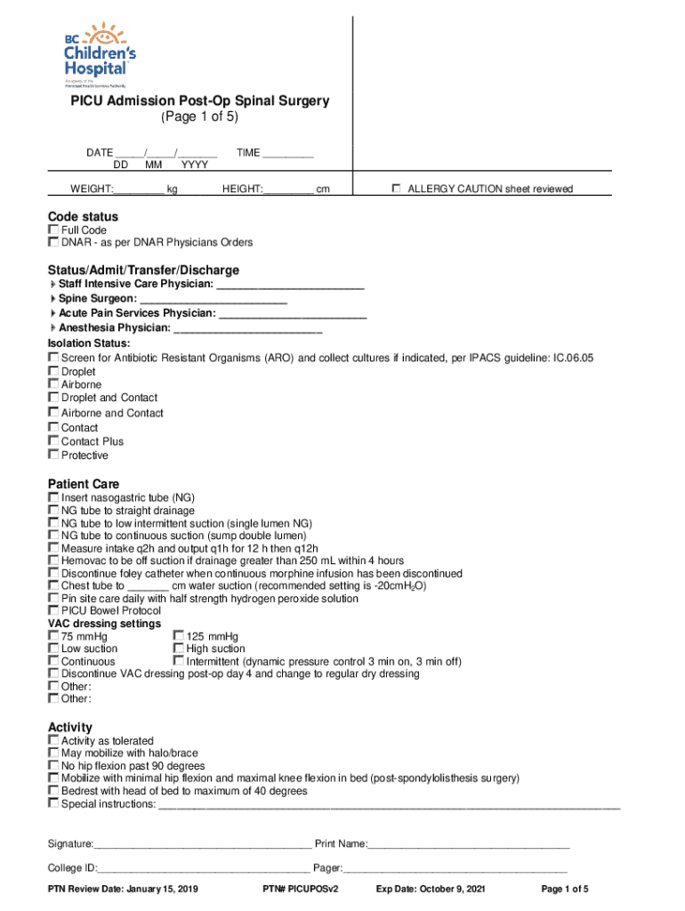 Fillable Online policyandorders cw bc Pediatric Intensive Care Unit (PICU) - Seattle Children ...