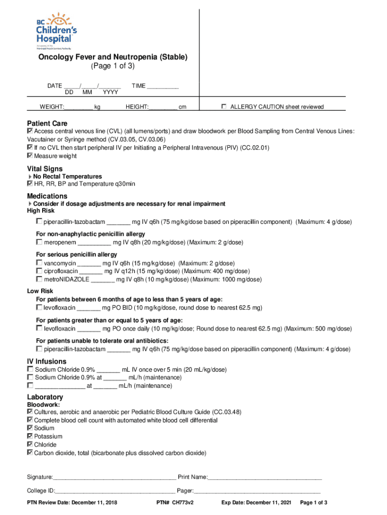 Fillable Online policyandorders cw bc Oncology Fever and Neutropenia (Stable) (Page 1 of 3) Fax ...