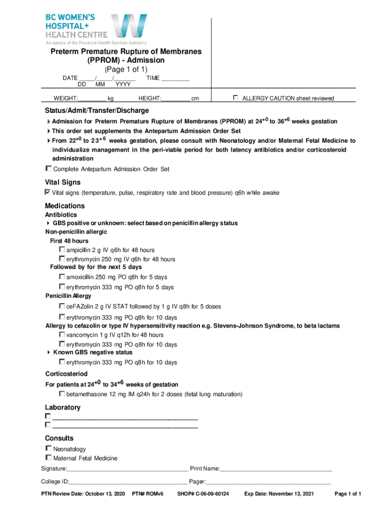 Fillable Online policyandorders cw bc PPROM: Preterm Premature Rupture ...