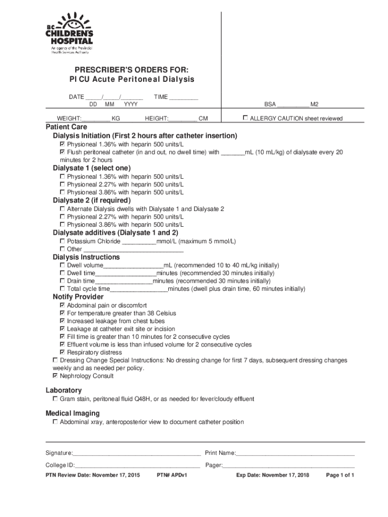 Fillable Online policyandorders cw bc PRESCRIBER'S ORDERS FOR: PICU ...