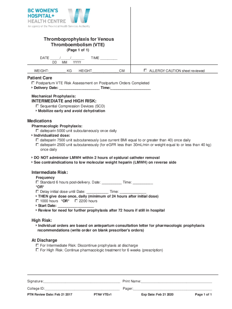 Fillable Online policyandorders cw bc Venous Thromboembolism (VTE ...