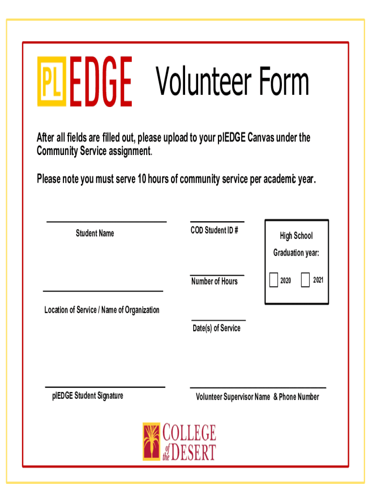 Fillable Online Fillable plEDGE Volunteer Form - 2020.pdf Fax Email ...