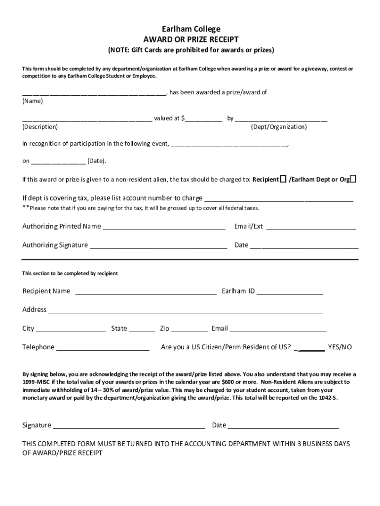 Fillable Online Earlham College AWARD OR PRIZE RECEIPT Fax Email Print ...