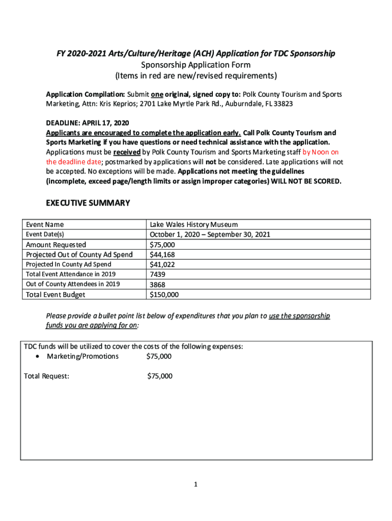 Fillable Online polkarts.org201501Arts, Culture & Heritage Application for TDC Sponsorship Fax ...