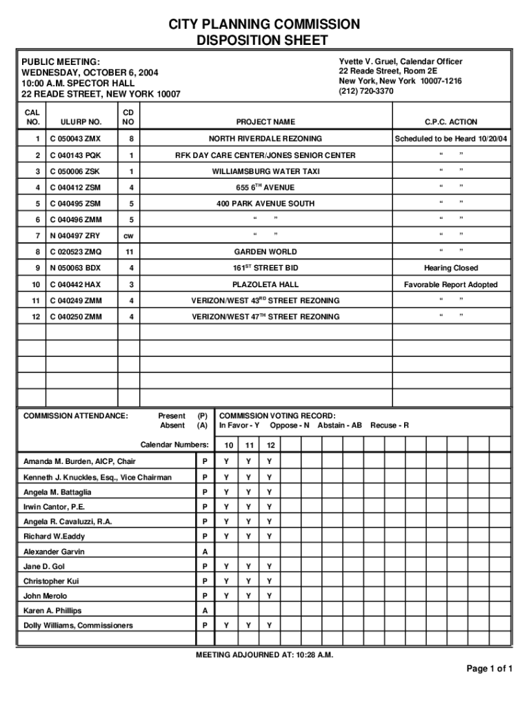 Fillable Online Disposition Sheet & City Planning Commission Calendar ...