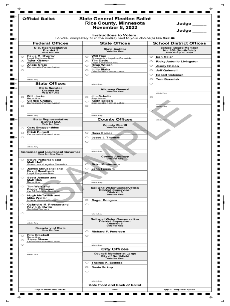 Fillable Online State General Election Ballot Rice County, Minnesota ...
