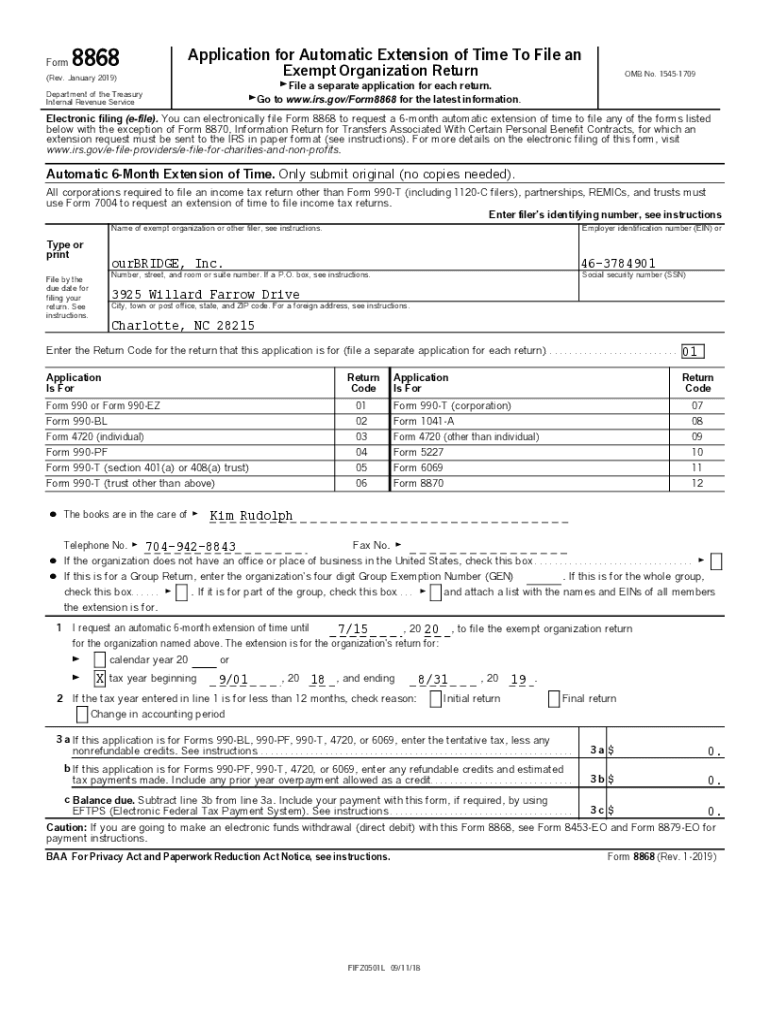 Fillable Online Form 8868 Application for Automatic Extension of Time ...
