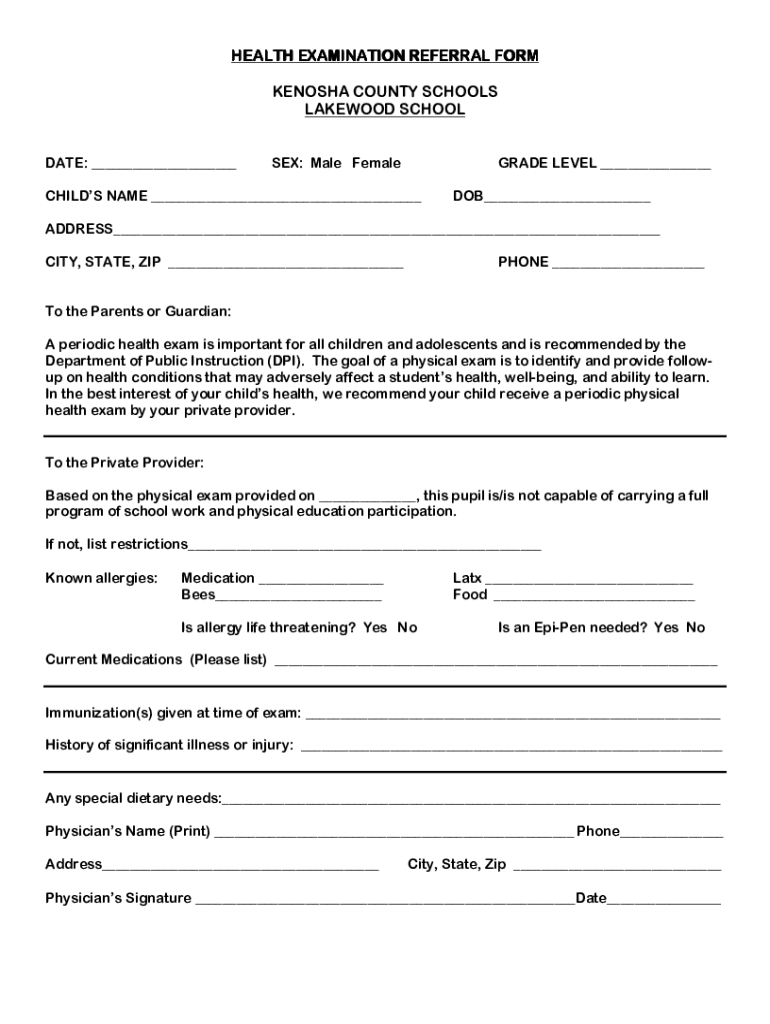 Fillable Online HEALTH EXAMINATION REFERRAL FORM.doc Fax Email Print - pdfFiller