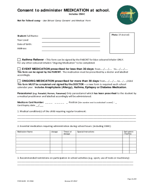 Fillable Online Consent to administer medication at school (parent use ...