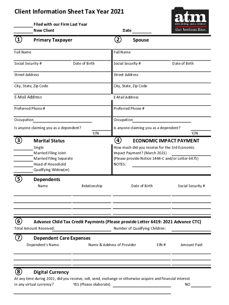 Fillable Online Client Information Sheet Tax Year 2021 ...