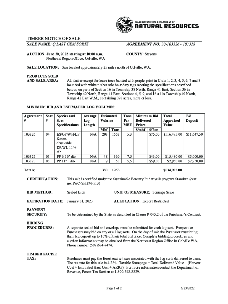 Fillable Online TIMBER NOTICE OF SALE SALE NAME: Q LAST GEM SORTS ...