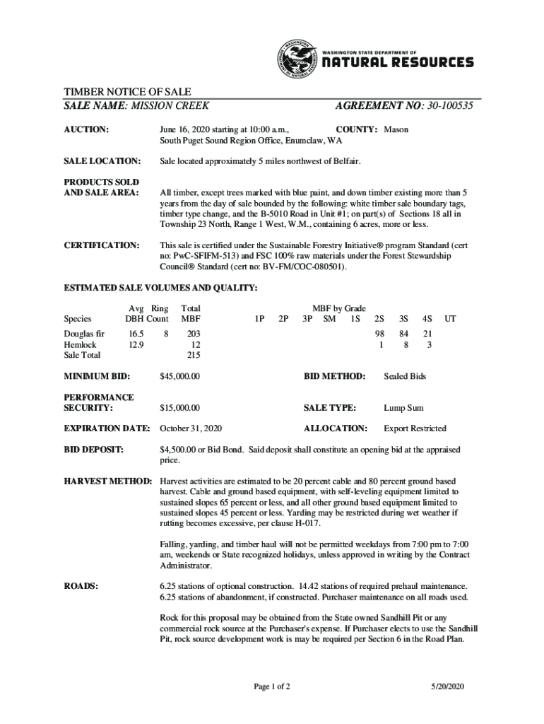Fillable Online TIMBER NOTICE OF SALE SALE NAME: MISSION CREEK ...