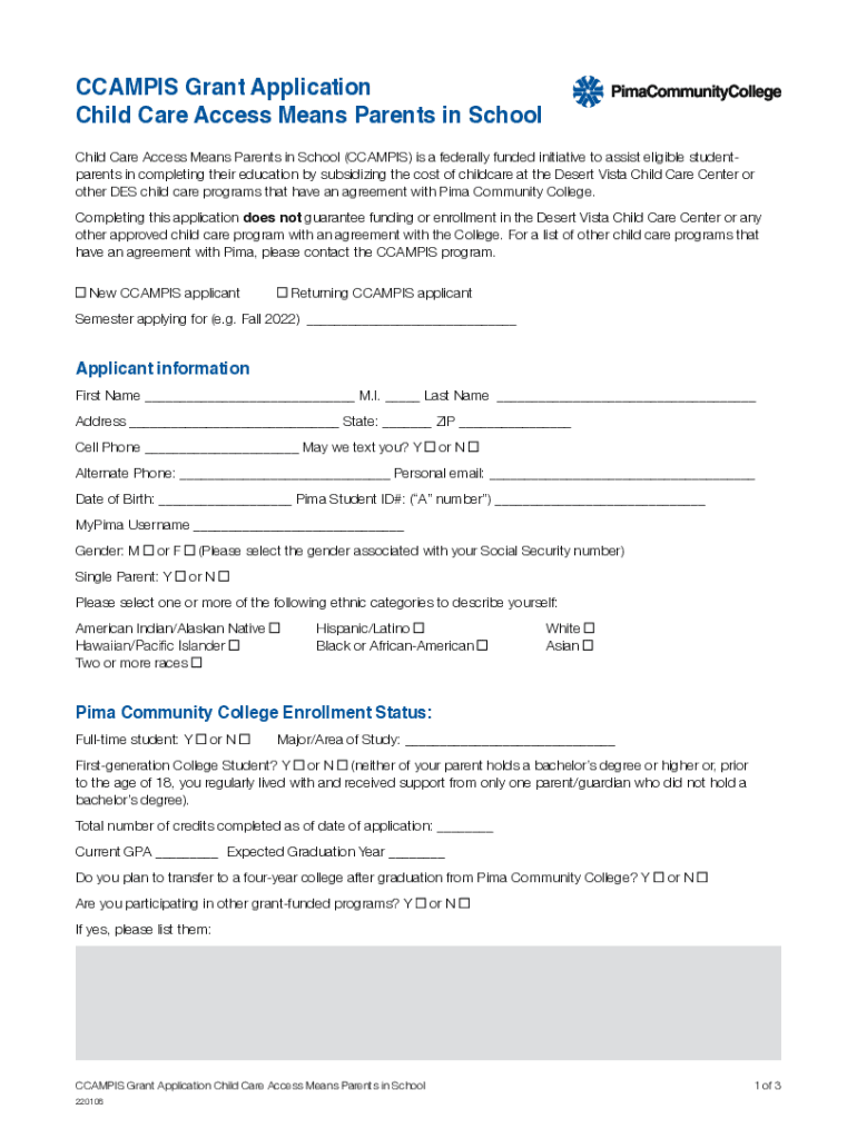 Fillable Online Child Care Access Means Parents In School (CCAMPIS ...