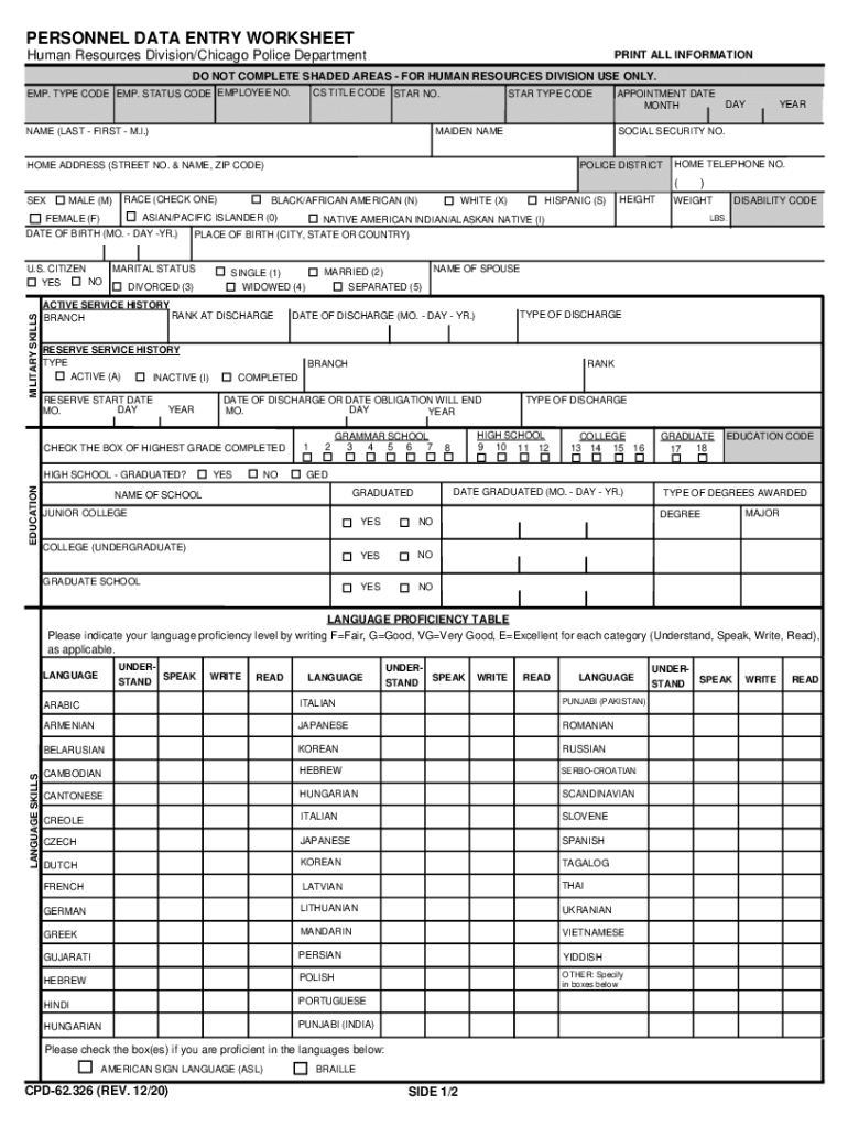 Fillable Online directives.chicagopolice.orgformsCPD-62PERSONNEL DATA ...