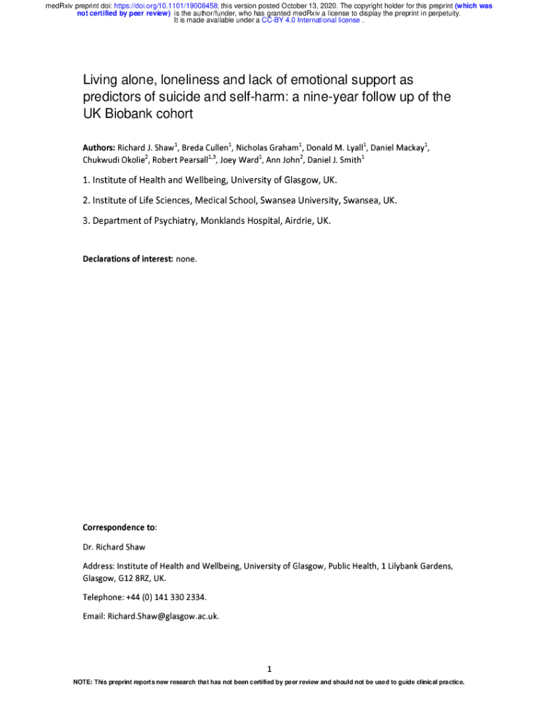 Fillable Online Living alone, loneliness and lack of emotional support ...