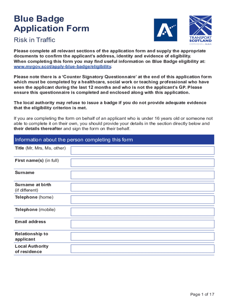 Fillable Online Blue Badge application form Risk in traffic criteria ...