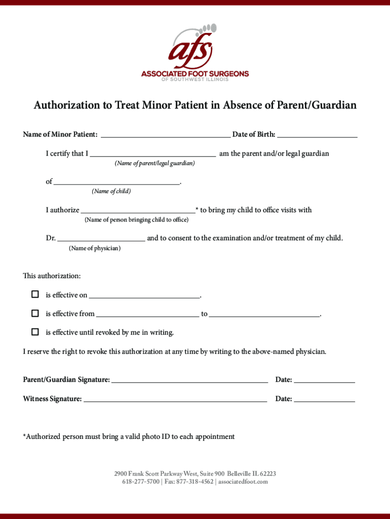 Fillable Online Authorization to Treat Minor PatientColumbus Foot and Ankle Fax Email Print ...