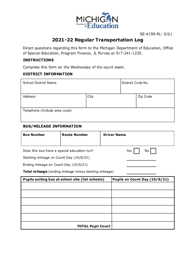 Fillable Online 2021-22 Regular Transportation Log - Michigan ...