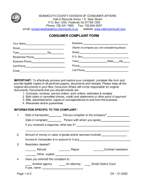 Fillable Online Consumer Affairs Complaint form Fax Email Print - pdfFiller