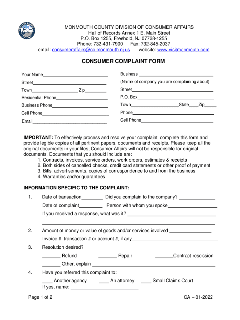 Fillable Online Consumer Affairs Complaint form Fax Email Print - pdfFiller