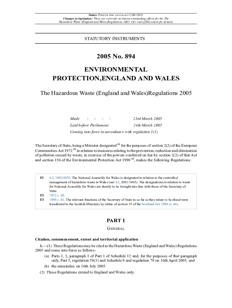 Fillable Online The Hazardous Waste (England and Wales)Regulations 2005 ...