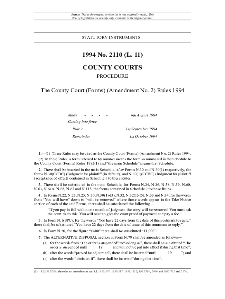 Fillable Online The County Court (Forms) (Amendment No. 2) Rules 1994 ...