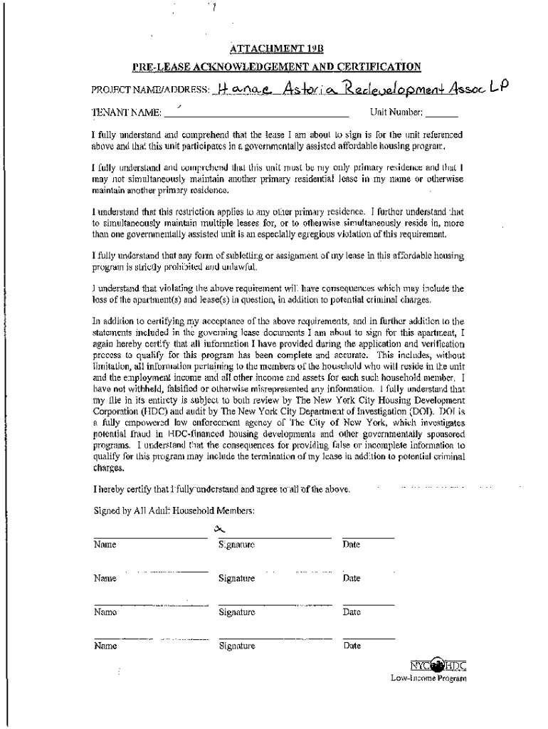 Fillable Online ATTACHMENT 19B PRE-LEASE ACKNOWLEDGEMENT AND ... Fax ...