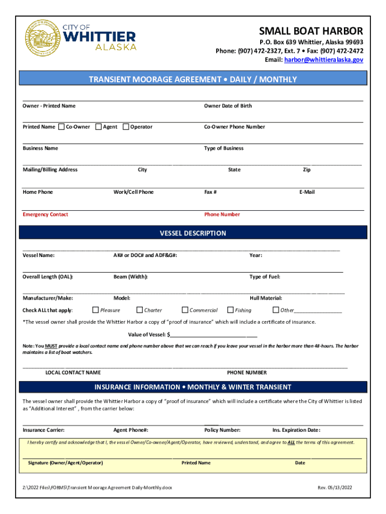 Fillable Online Whittier Small Boat Harbor Fax Email Print - pdfFiller