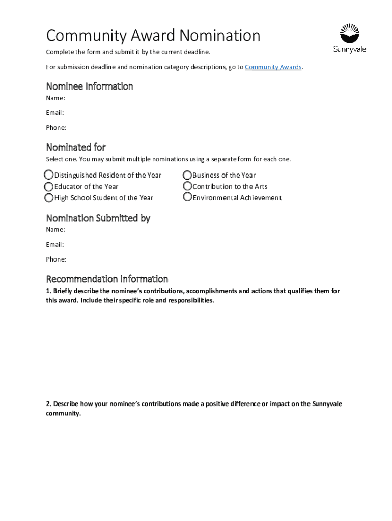Fillable Online Community Award Nomination Form Fax Email Print - pdfFiller
