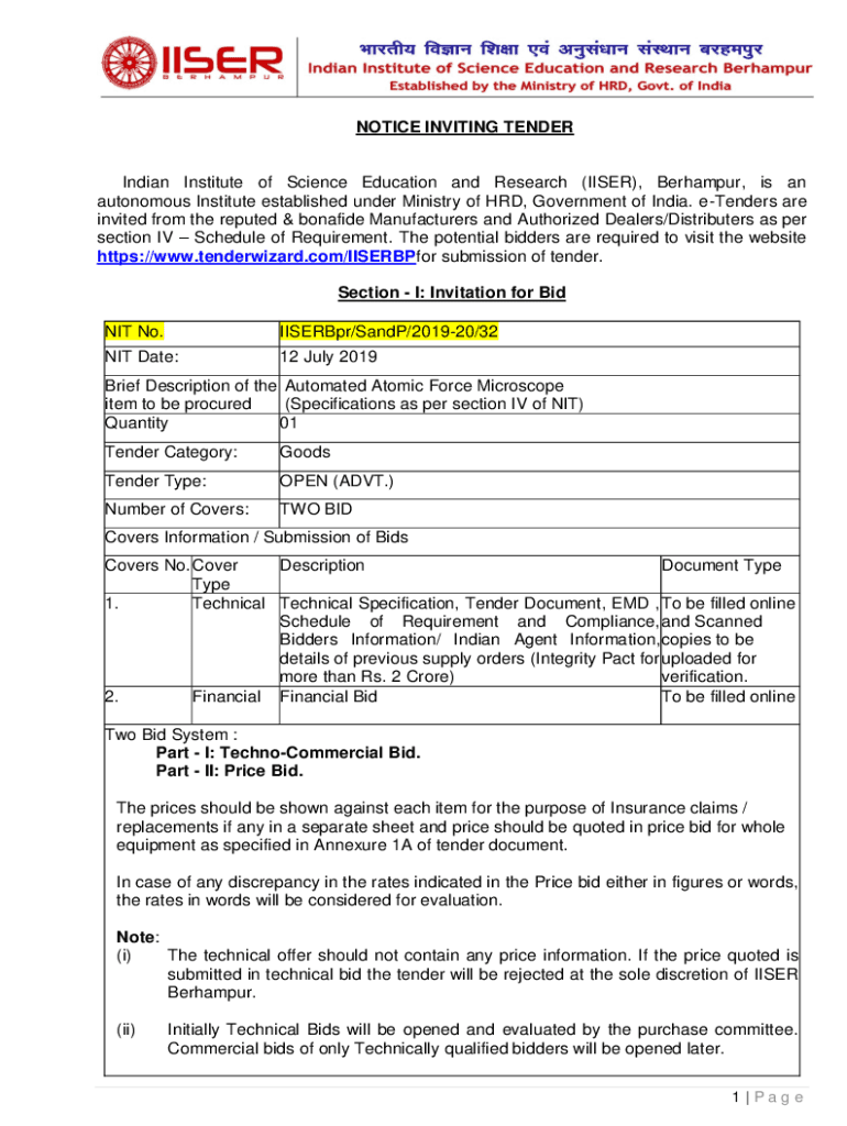 Fillable Online NOTICE INVITING TENDER Indian Institute of Science ... Fax Email Print - pdfFiller