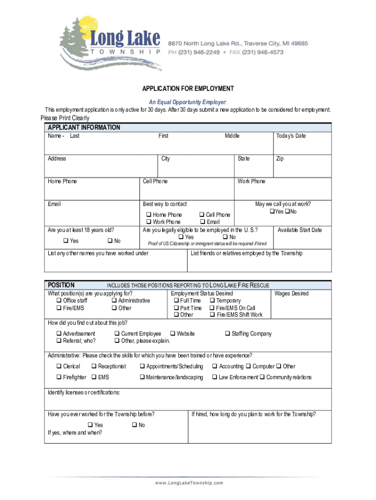 Fillable Online Fillable An Equal Opportunity Employer Application for Employment Personal Fax ...